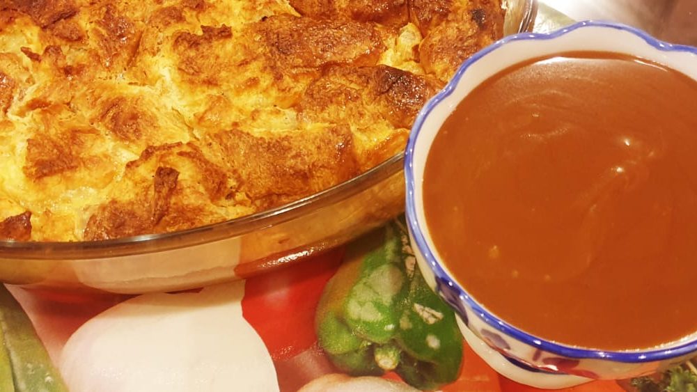 Croissant Pudding with Caramel Sauce | TastyDen